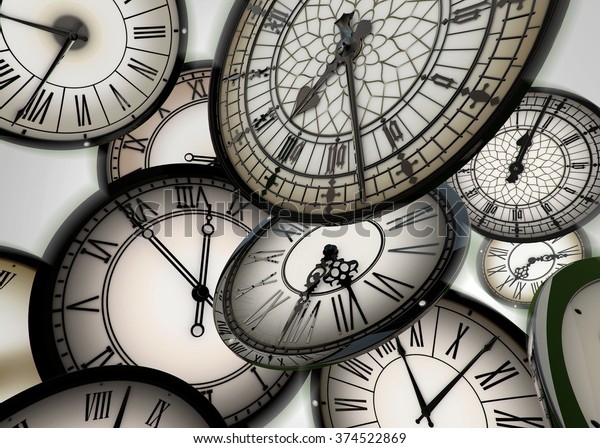 3d Many Clocks Floating Abstract Space Stock Illustration 374522869 ...