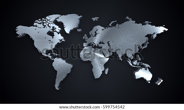 3d Metallic Silver World Map Stock Illustration 599754542