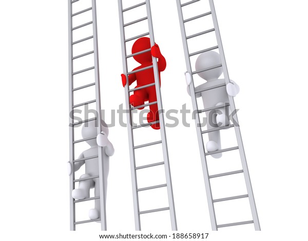 3d People Climbing Three Ladders Competition Stock Illustration ...