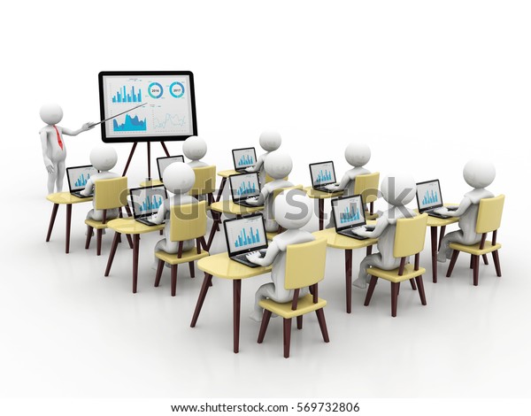 3d people - men , person with pointer in hand close to blackboard ...