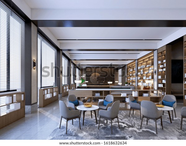 3d render of cafe and library interior
