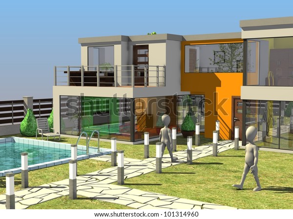 3d Render Cartoon Character Modern House Stock Illustration 101314960 ...