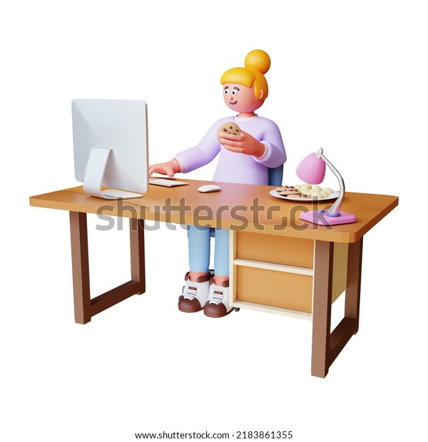 3d Render Character Work On Desktop Stock Illustration 2183861355 ...