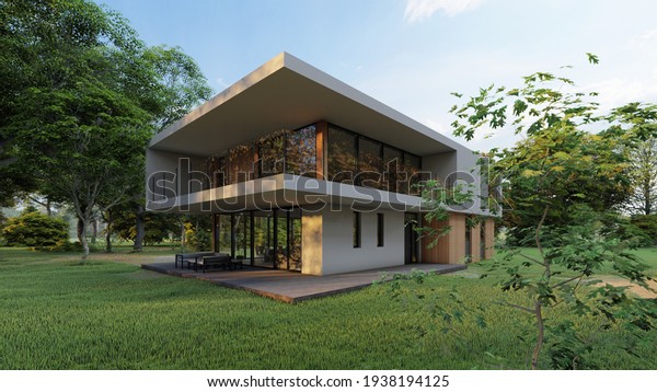 3d Render Exterior View Modern White: ภาพประกอบสต็อก 1938194125 ...