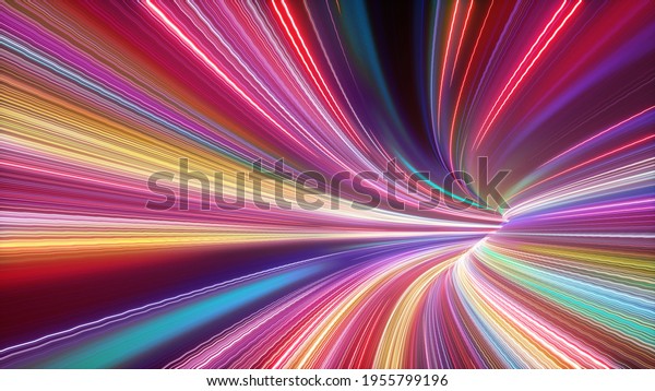 3d render of hyperspace tunnel turning to the right, abstract cosmic ...