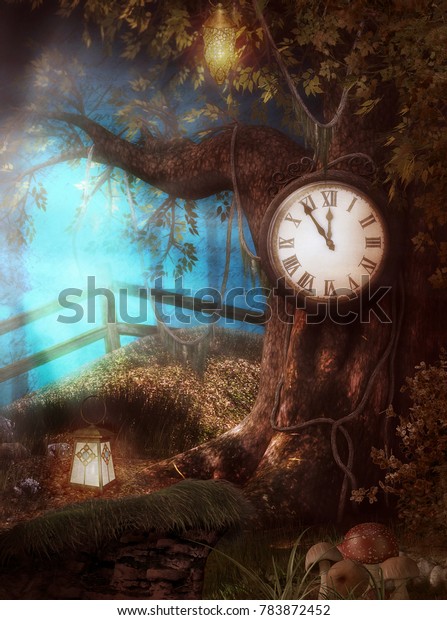 3d Render Illustration Enchanting Clock Tree Stock Illustration ...