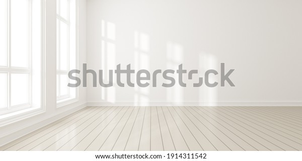 3d render of modern empty room with wooden floor and large white plain ...