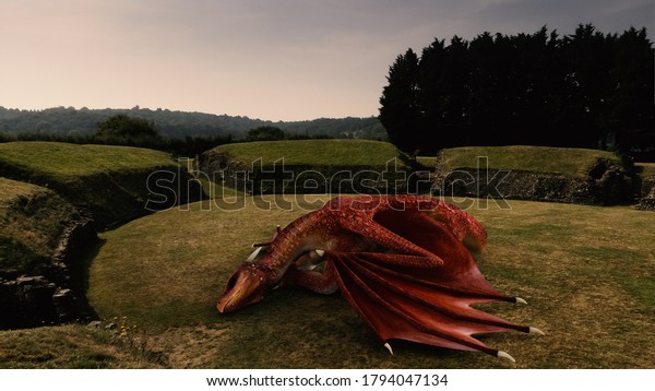 3d Render Red Dragon Sleeping Ruins Stock Illustration 1794047134 ...