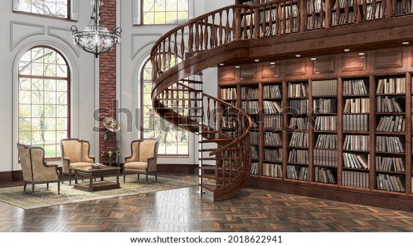 3d Render Stair Classic Interior Library Stock Illustration 2018622941 ...