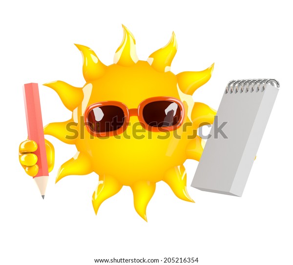 3d Render Sun Character Notepad Pencil Stock Illustration 205216354 ...