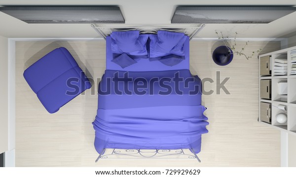 3d Render Top View Bedroom Interior Stock Illustration 729929629