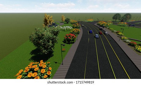 3d Render View Landscaping Road Cars Stock Illustration 1715749819 ...