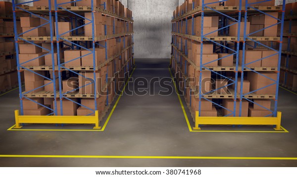 3d Render Warehouse Interior Racks Crates Stock Illustration 380741968 ...