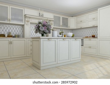 3d Render White Kitchen Classical Style Stock Illustration 285972902 ...