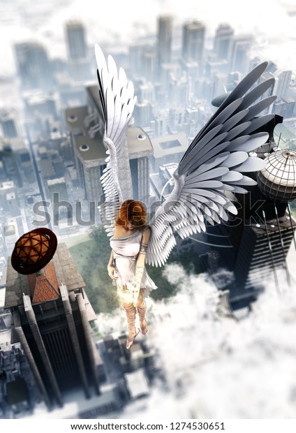 3d Rendering Angel Floating Above Futuristic Stock Illustration 1274530651