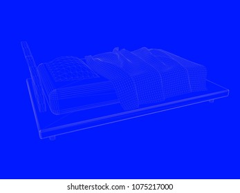 3d Rendering Bed Blueprint Lines On Stock Illustration 1075235681