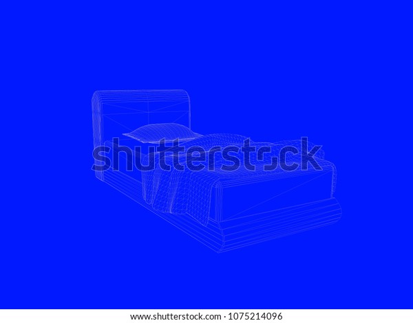 3d Rendering Bed Blueprint Lines On Stock Illustration 1075214096