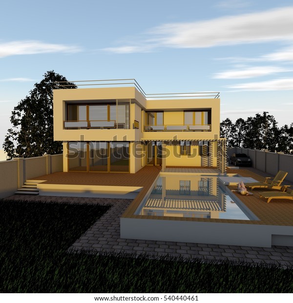 3d Rendering Building On Blue Sky: ilustración de stock 540440461 ...