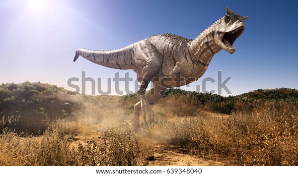 3d Rendering Carnotaurus Charging Through Field Stock Illustration ...