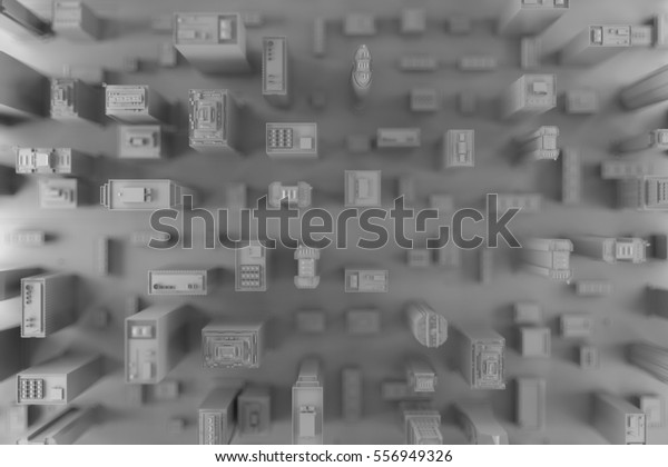 3d rendering of city`s top view. Skyscrapers are in focus, low ...