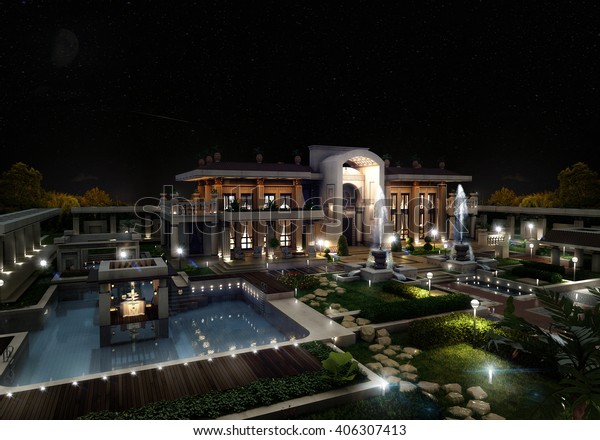 3d Rendering Classical Villa Night View Stock Illustration 406307413