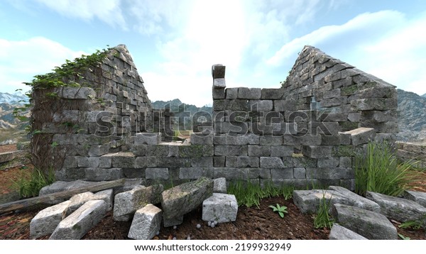 3d Rendering Collapsed Stone House Top Stock Illustration 2199932949 ...