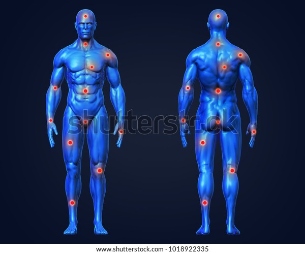 3D Rendering, Conceptual human muscle anatomy man red joint pain points ...