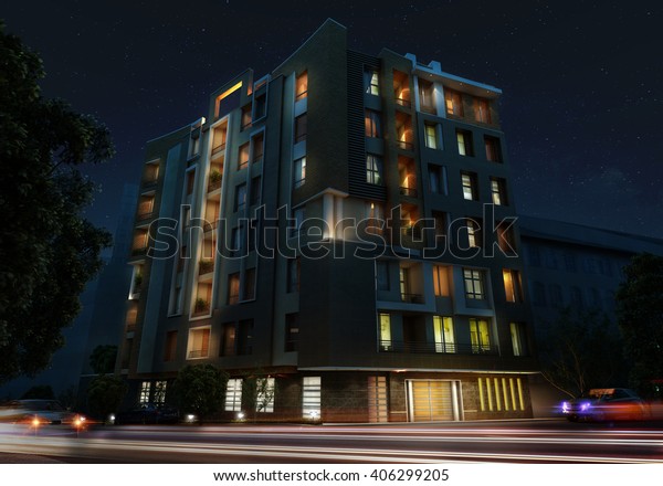 3d Rendering Design Modern Apartment Night Stock Illustration 406299205
