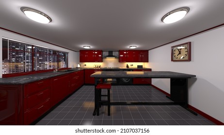 3d Rendering Dining Kitchen Night View Stock Illustration 2107037156 ...