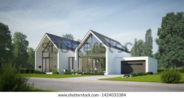 3D rendering of a duplex house on the day