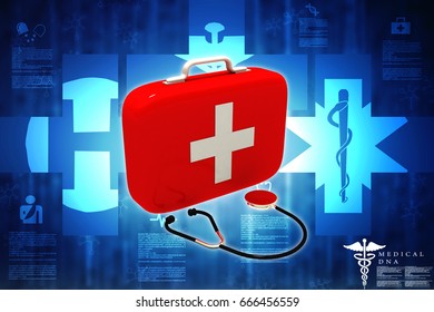 3d Rendering First Aid Kit Stethoscope Stock Illustration 666456559