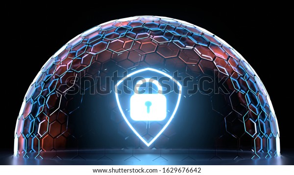 3D Rendering of glowing shield icon inside hexagon nano grid sphere ...