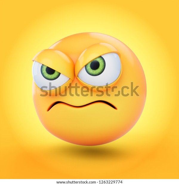 3D Rendering grumpy emoji isolated on yellow background