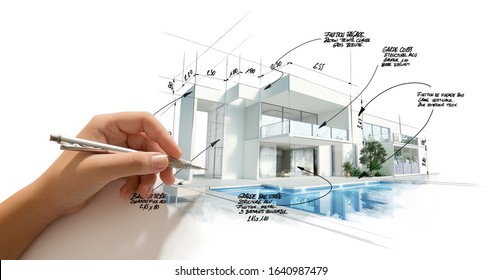 Hand Drafting Design Villa Building Becoming Stock Illustration ...