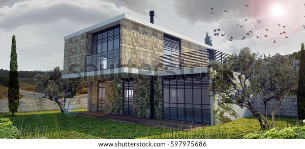 3D rendering of Modern stone house