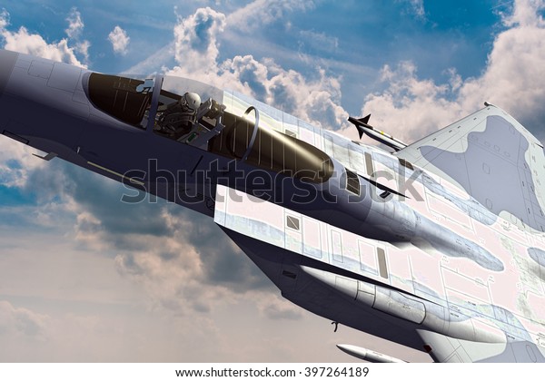 3D rendering of a modern US jet fighter in flight