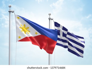 3d Rendering Philippines Greece Flags Waving Stock Illustration ...