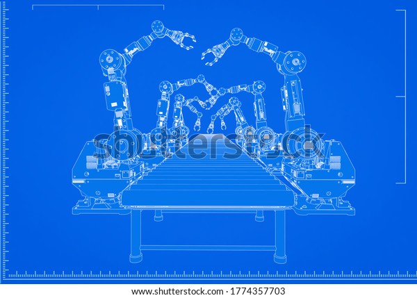 3d Rendering Robot Assembly Line Blueprint Stock Illustration ...