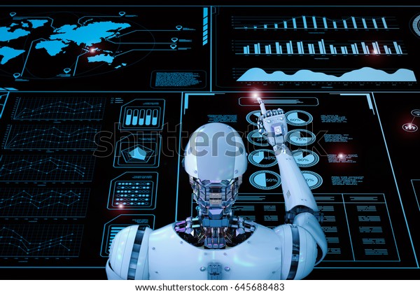 3d Rendering Robot Working Digital Display Stock Illustration 645688483
