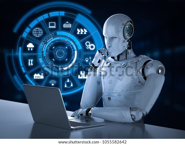 3d Rendering Robot Working Hud Display Stock Illustration 1055582642