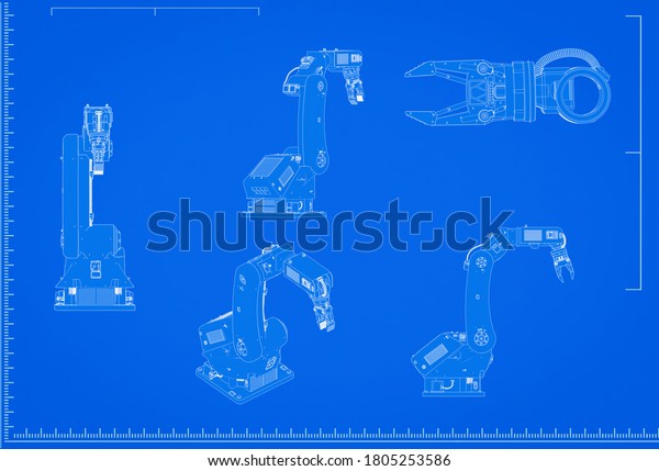 3d Rendering Robotic Arm Blueprint Scale Stock Illustration 1805253586