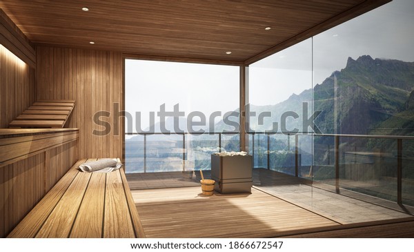 3d Rendering Sauna Panoramic View Stock Illustration 1866672547