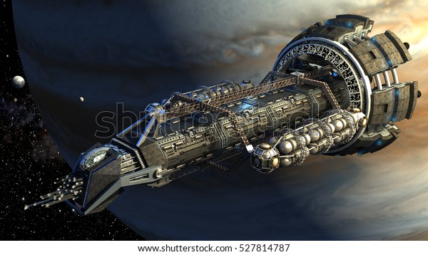 3d Rendering Spaceship Flying Next Jupiter Stock Illustration 527814787
