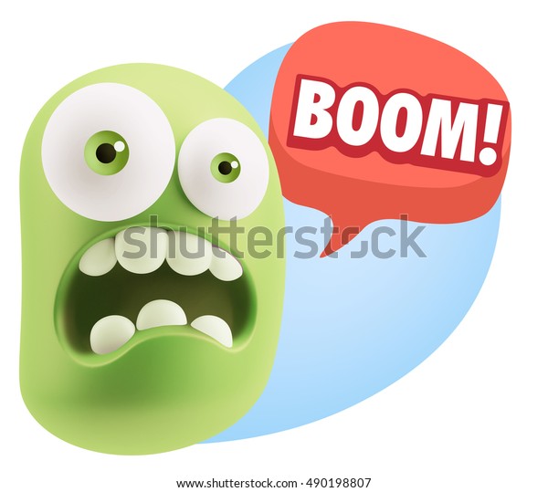 3d Rendering Surprise Character Face Emoticon saying Boom with Colorful ...