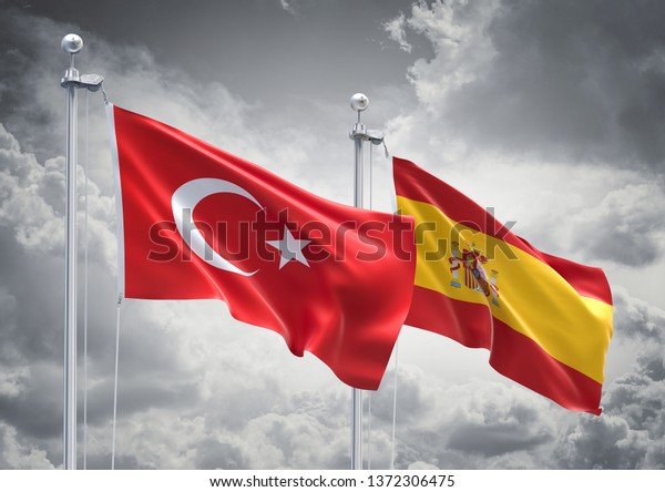 3d Rendering Turkey Spain Flags Waving Stock Illustration 1372306475 ...