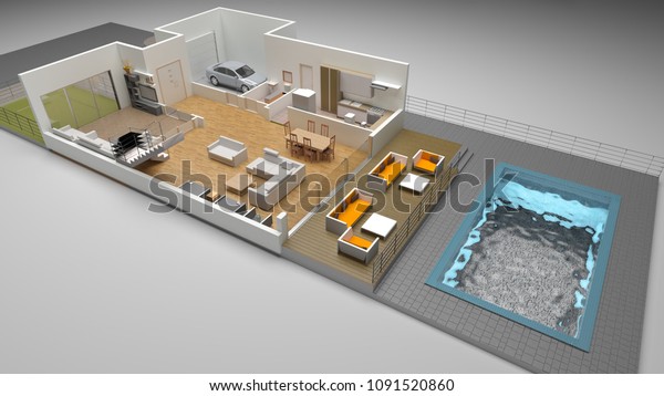 3d Rendering Villa Plan Stock Illustration 1091520860