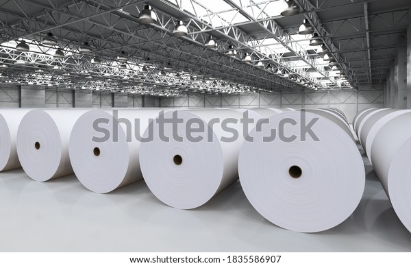 3d rendering white large paper rolls in factory