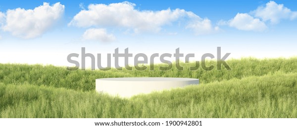 3d Rendering White Platform Grass Field Stock Illustration 1900942801