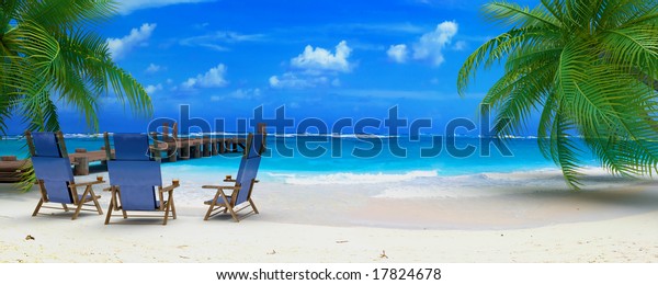 3D rendering of a white sand beach with palm trees and turquoise water ...