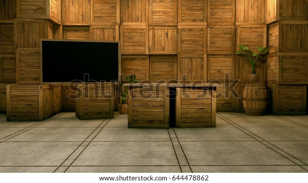 3d Rendering Wooden Box Virtual Studio: ilustrações stock 644478862 ...